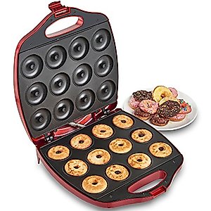 VonShef Mini Donut Maker – Donut Maker Machine for Home, Makes 12 Doughnuts, 1200W, Non-Stick Surface, Safe Cooking for Kids, a Unique Mini Appliance Gift – Red