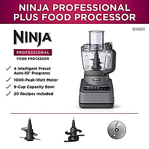 Ninja BN601 Professional Plus Food Processor 1000-Peak-Watts with Auto-iQ Preset Programs Chop Puree Dough Slice Shred with a 9-Cup Capacity and a Silver Stainless Finish (Renewed)