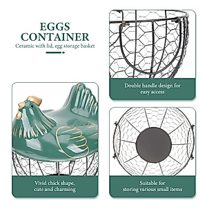 Cabilock Chicken Wire Egg Baskets Kitchen Storage Metal Wire Egg Basket with Ceramic Farm Chicken Cover Hen Shaped Eggs Storage Basket Fruits Basket Egg Organizer Case Container Black Green