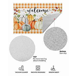 Thanksgiving Front Door Mat Outside Entrance, Harvest Pumpkin Maple Leaf Outdoor Indoor Door Mats for Entryway, Low Profile White and Orange Buffalo Plaid Funny Welcome Mat Entry Doormats 24x36 in