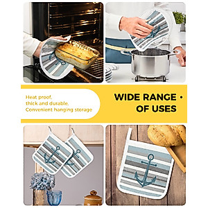 Pot Holder Set of 2 Coastal Nautical Anchor Potholder Heat Proof Non-Slip Pot Holders,Blue Grey Stripe Hot Pads Potholders for Kitchen Cooking Baking BBQ