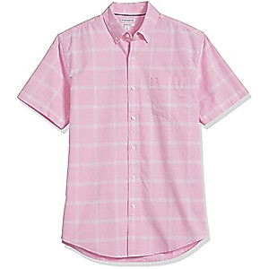 Amazon Essentials Men's Regular-Fit Short-Sleeve Pocket Oxford Shirt, Pink Windowpane, X-Large