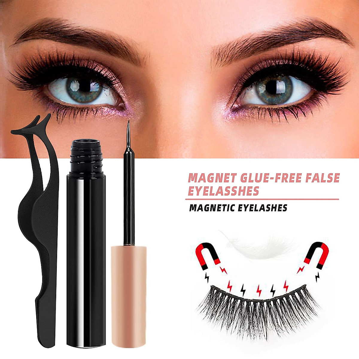 Magnetic Eyelashes Kit with Eyeliner, Magnetic Lashes Natural Looking 10 Pairs , 2 Pcs Magnetic Eyeliner, Reusable 3D False Eyelashes Lashes Pack, With lash tweezers，No Glue! Eyelashes Magnetic