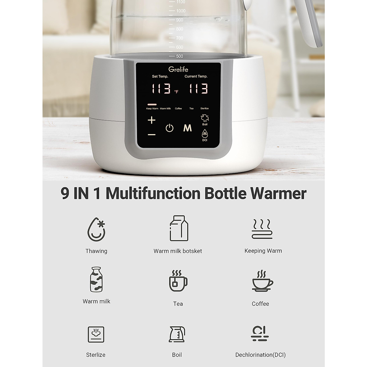 Bottle Warmer,Grelife 9-in-1 Fast Portable Instant Baby Milk Warme with 72H Keep Warm,Accurate Temperature Control,with Defrost, Sterili-zing, Heat Baby Food Jars for Breastmilk,Formula,Tea,Coffee