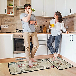 ALAZA Vintage Paris Eiffel Tower France Newspaper 2 Piece Kitchen Rug Floor Mat Set Runner Rugs Non-Slip for Kitchen Laundry Office 20" x 28" + 20" x 48"