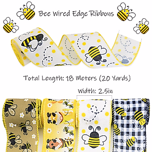 Bee Wired Edge Bumble Honey Bee Gnome Dot Yellow Wreath Ribbon for Summer Teachers' Day Easter Sewing DIY Craft Fabric Burlap Yellow Ribbon for Bows Wrapping Party Decorative
