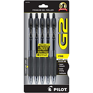PILOT G2 Premium Refillable and Retractable Rolling Ball Gel Pens, Fine Point, Black Ink, 5-Pack (31078)