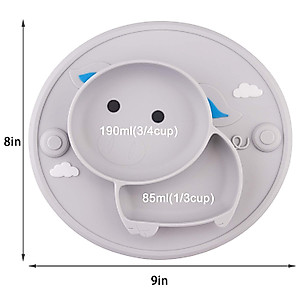 Qshare Toddler Plate, Portable Baby Plates for Toddlers and Kids, BPA-Free Strong Suction Plates for Toddlers, Dishwasher & Microwave Safe Silicone Placemat 9x6x1.4 inch Gray