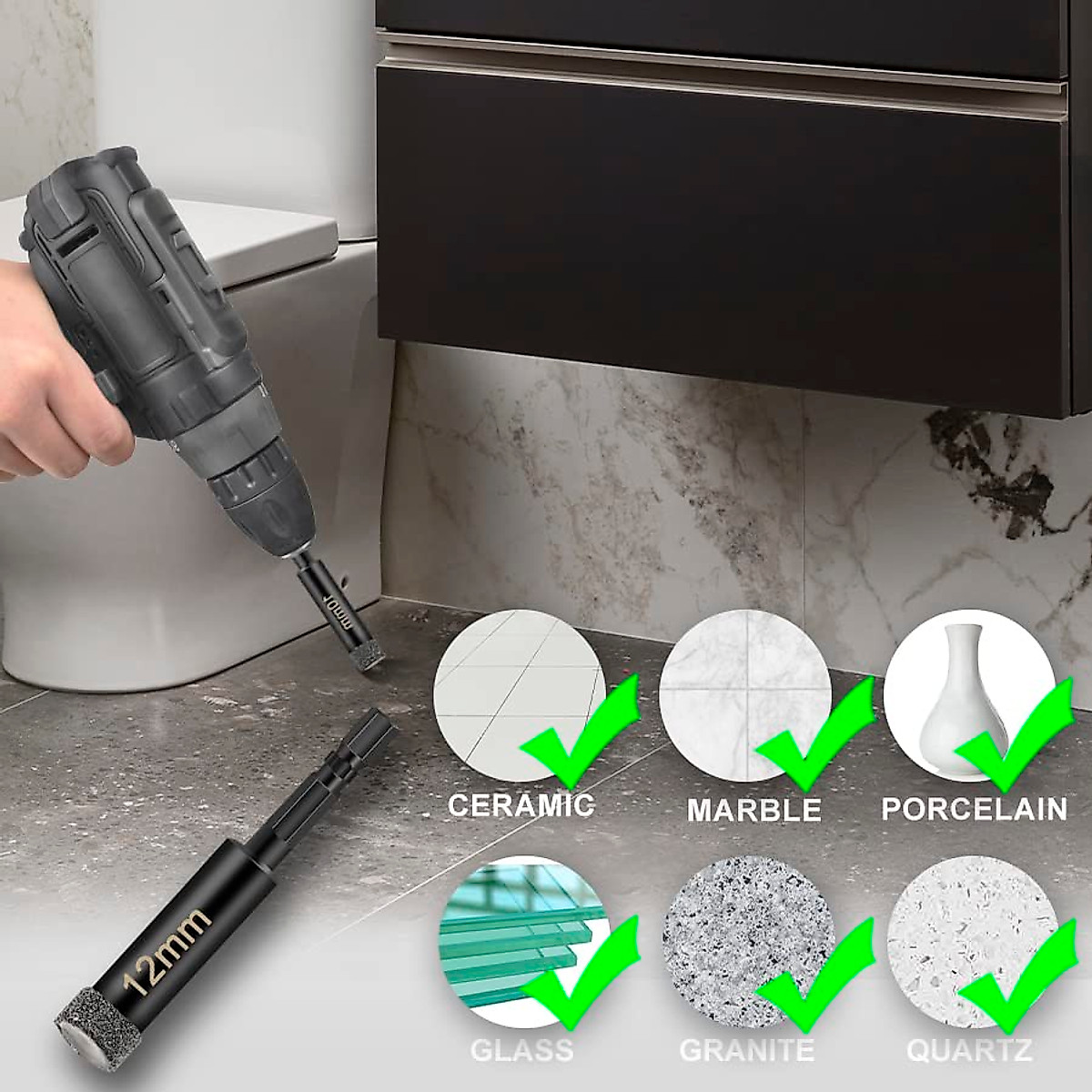 10PCS Dry Diamond Hole Saw 1/4,5/16,3/8,1/2 Tile Drill Bits Ceramic Diamond for Glass Stone Porcelain Tile Marble Granite Hex Shank Glass Drill Bit for Bottles Pots