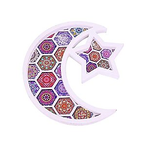 Wooden Eid Mubarak Dessert Tray, Ramadan Kareem Moon Star Shape Tray, Wooden Artistic Party Serving Tableware Tray Display Wood Decoration for Parties, Weddings (White Star)