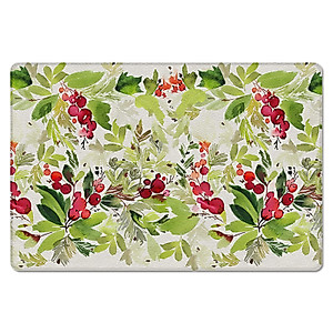 Christmas Front Door Mat,Door Mats Outdoor/Indoor Funny Welcome Mat, Watercolor Pine Needles Green Botanical Red Berry Floor Mats Non-Slip Doormat Kitchen Rugs 20X32Inch