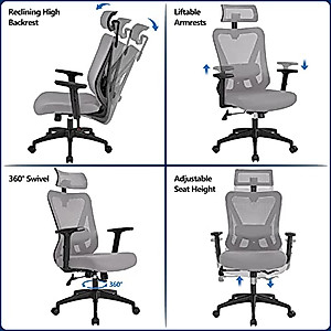 Yaheetech Office Chair Ergonomic Computer Desk Chair with Adjustable Lumbar Support Armrest and Headrest, Swivel Working Study Chair for Home Office, Light Grey