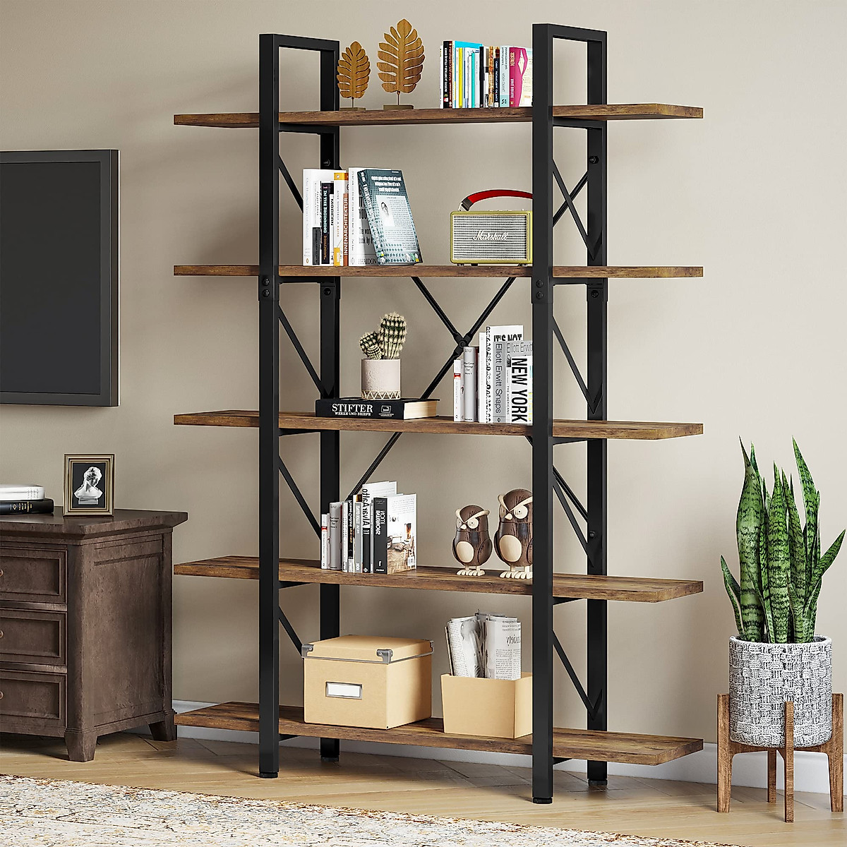 YITAHOME 5 Tier Bookcase, Artsy Modern Bookshelf, Book Rack, Storage Rack Shelves in Living Room/Home/Office, Books Holder Organizer for Books/Movies - Rustic Brown