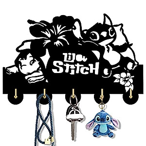 Stitch,Disney Cartoon Key Hooks,Key Holder, Key Hanger, Wall Hooks,Wall Key Holder, Key Holders, Personalized Gift, Home, Housewarming Gift, Wedding Gift (H5) Black 12inch with 5 Hooks (3) (1)