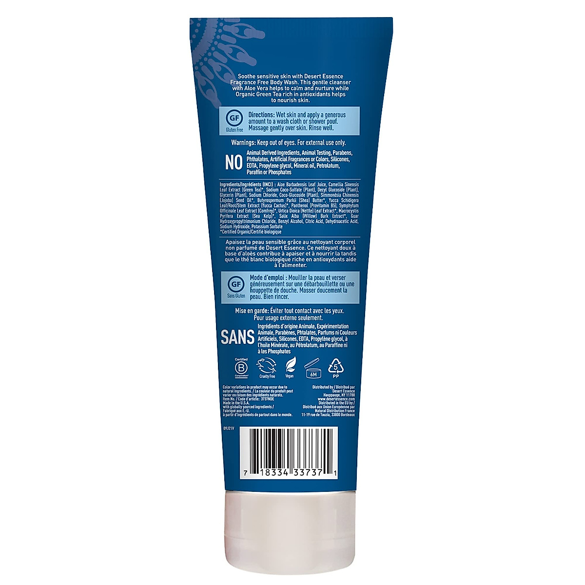 Desert Essence Fragrance Free Body Wash Sensitive Skin-Friendly Plant-Based Cleanser with Organic Aloe, Green Tea & Jojoba Oil - Nourishing Antioxidants - Vegan, Gluten-Free, Cruelty-Free - 8oz