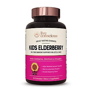 Kids Elderberry Gummies | Great-Tasting Immune Support Formula with Vitamin C, Echinacea, Sambucus, Propolis Extract | by Live Conscious - 60 Count