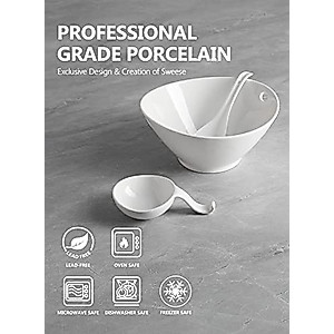Sweese 148.201 Porcelain 35oz Ramen Bowl Set of 2 with Chopsticks & Spoons & Dipping Dishes, Large Bowls for Udon/Soba/Pho/Noodles/Ramen/Salad/Soup - White, Unique Design