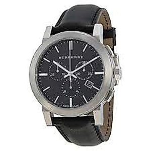 Burberry The City Swiss Luxury Men Unisex Women 42mm Round Stainless Steel Chronograph Watch Black Leather Band Black Date Dial BU9356
