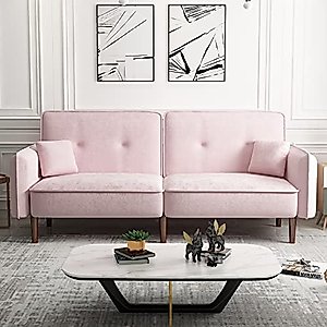 Sofa Bed, HABITTRIO 75" Modern Pink Fabric Upholstered 3-Seater Sleeper Couch with Adjustable Splict-Back Design, 2 Side Pockets, 2 Toss Pillows, Fit for Small Living Room, Apartment