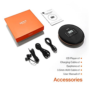 HOTT CD711T Bluetooth Rechargeable Portable CD Player for Home Travel and Car with Stereo Headphones and, Anti Shock Protection-Black