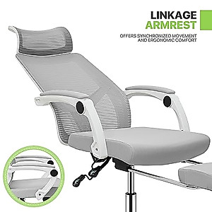 Ergonomic Office Chair with Footrest, High Back Mesh Gaming Desk Chair with Headrest, Swivel Rolling Home Chair with Lumbar Support and Flip-up Armrest, Grey