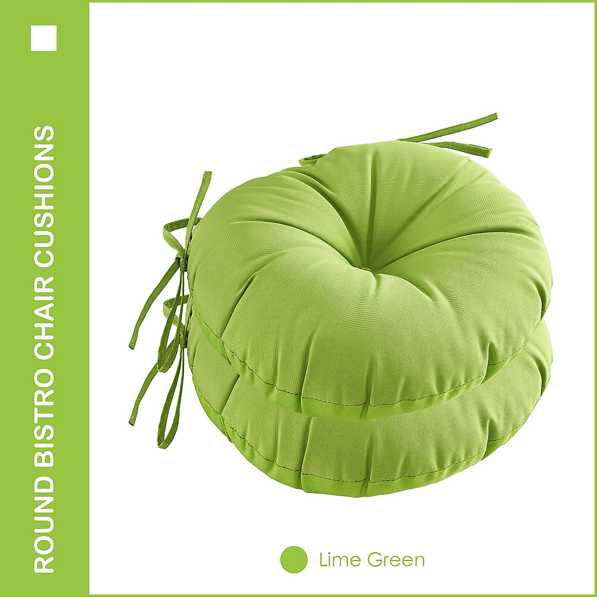 YOOZEKU Outdoor Round Bistro Chair Cushions,15 inch Round Seat Cushions with Ties for Outdoor Patio Chairs,Set of 2,Lime Green