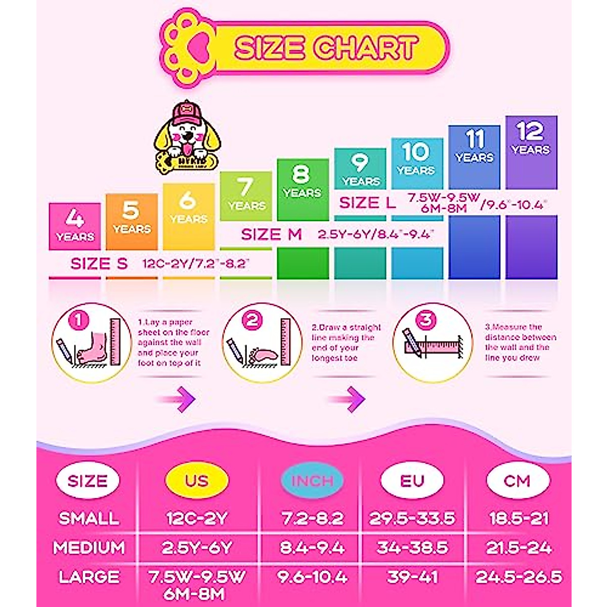 HYKID Paw Stars 4 Size Adjustable Roller Skates with Light Up Wheels,Safe for Girls Kids Toddler, Trimmable Insole Included (Small)