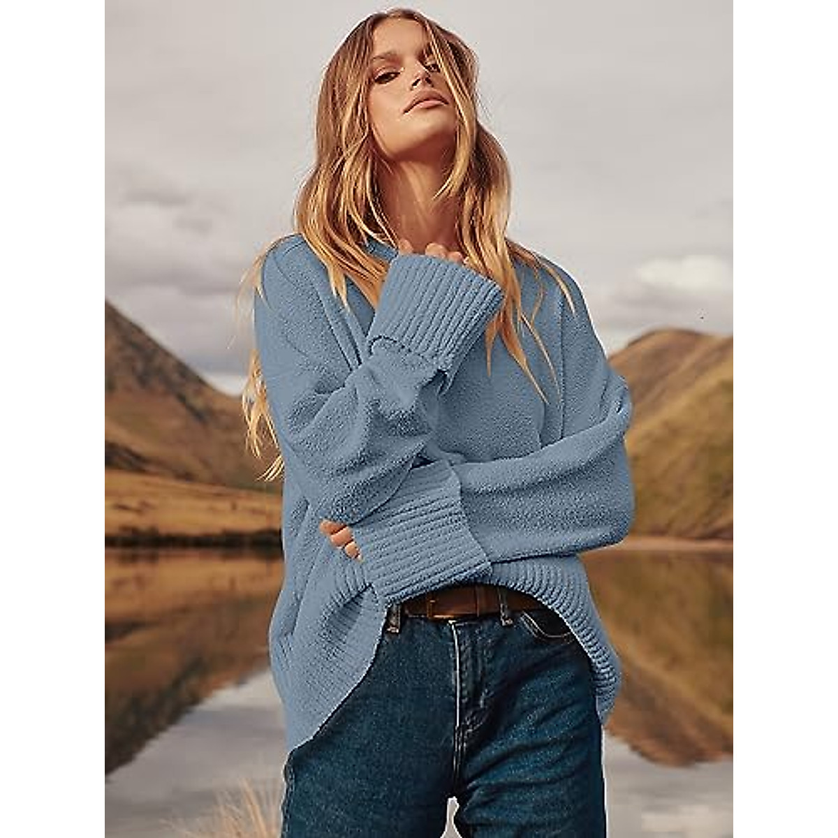 ANRABESS Women's Oversized Crewneck Long Sleeve Fuzzy Knit Casual Chunky Warm 2025 Fall Pullover Sweaters Top Trendy Outfits Grey Blue Large