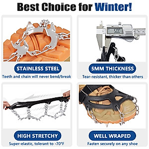 OROOTL Crampons Ice Cleats Snow Traction Grippers with 19 Stainless Steel Studs for Hiking Boots and Shoes Men Women Kids Anti Slip Snow Chains with Straps for Walking Camping Jogging Ice Fishing