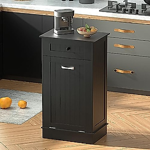 Visionwards Tilt Out Trash Cabinet Bin, Wooden, Dog Proof Garbage Can Holder, Kitchen Island with Laundry Hamper, Black