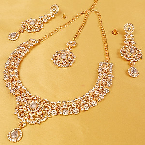 Touchstone Indian Bollywood Contemporary Fabulous Style Definition Rhinestone Designer Jewelry Wedding Necklace Set In Gold Tone For Women.