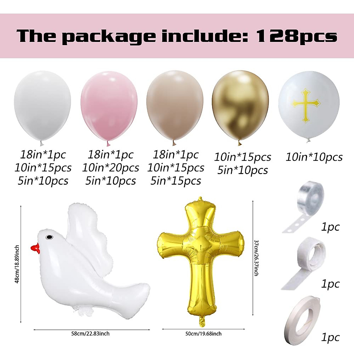 First Communion Pink Balloon Garland Arch Kit, Girl Baptism Christening Party Decorations, Pink Gold White Balloons with Cross and Dove Balloon for Happy Birthday God Bless Theme Supplies