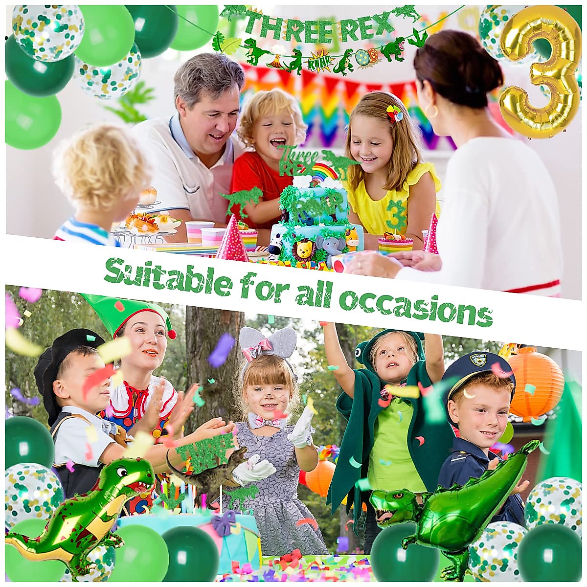 Dinosaur 3rd Birthday Decorations, 3 Rex Birthday Party Supplies - Three Rex Banner, Cake&Cupcake Toppers, Dinosaur Balloons,Temporary Tattoos for Roar I’m 3 Boys Girls Birthday