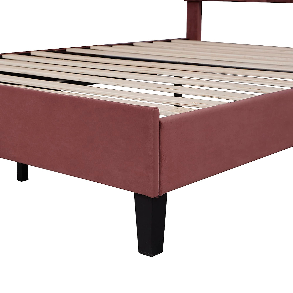 Velvet Full Size Platform Bed with Flower Pattern Headboard, Upholstered Full Bed Frame with Wood Slat Support for Bedroom, Easy Assembly, Noise-Free, No Box Spring Needed, Bean Paste Red