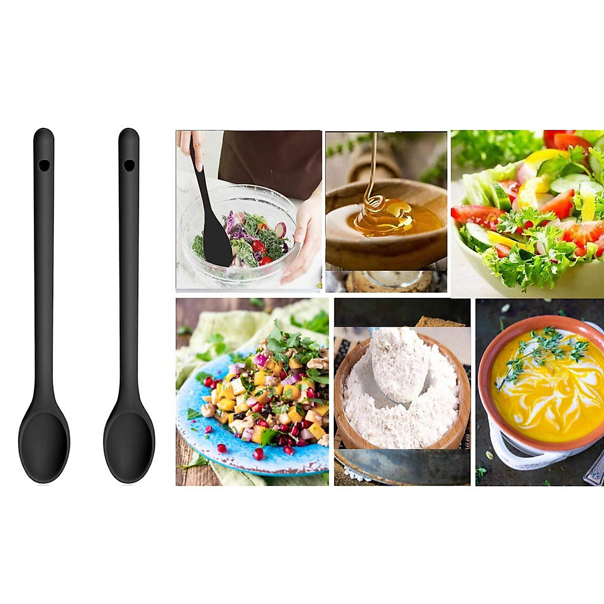 Stirring Spoons for Cooking Set of 3, Silicone 12 Inch Long Handle Spoons, Nonstick Mixing Spoons for Cooking, Silicone Stirring Spoons BPA Free, Nontoxic & Resistant to 480°F (2 in Black)