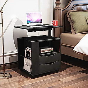 SogesHome Height Adjustable Nightstand with Lockable Wheels, Over-Bed Movable Bedside Table with 2-Drawers, Bedroom Side Storage Cabinet with 1-Open Cube, Black