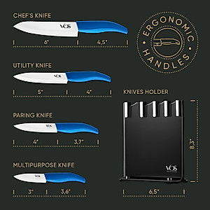 Vos Ceramic Knife Set With Block, Ceramic Knives Set For Kitchen, Ceramic Kitchen Knives With Holder, Ceramic Paring Knife 3", 4", 5", 6" Inch Blue