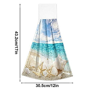 KOCOART Seashells Coastal Kitchen Hand Towels with Loop Starfish Tropical Beach Shore Hanging Tie Towel Set of 2, Soft Absorbent Washcloth Dish Fingertip Towel for Bathroom 12x17 in