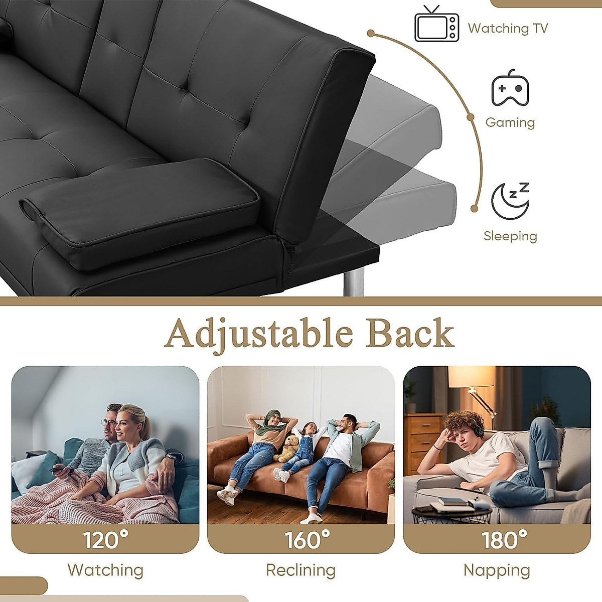 Anwickmak Convertible Futon Sofa Bed,PU Leather Modern Couch Loveseat Sleeper, Folding Daybed Guest Bed, Removable Armrests, 2 Cup Holders, Metal Legs (Black)