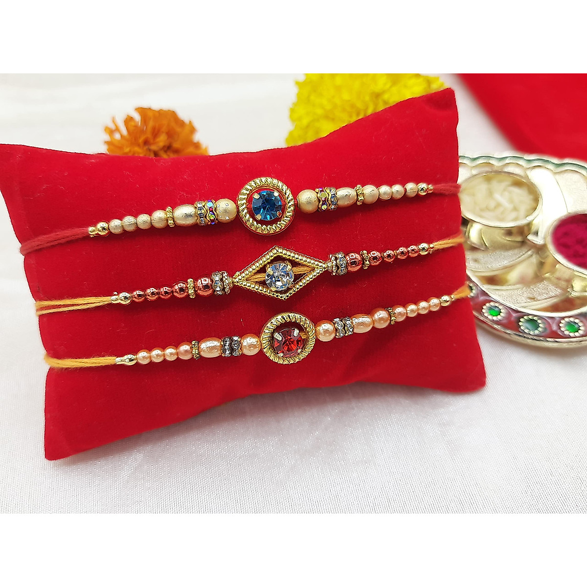 Palak Global Rakhi bracelet, Wrist Band. Fancy Rakhi three unique beautiful stones. Rakhi a best gift celebration with your Brother, Bhabhi/Sibling, Sister,beads and stone., stone