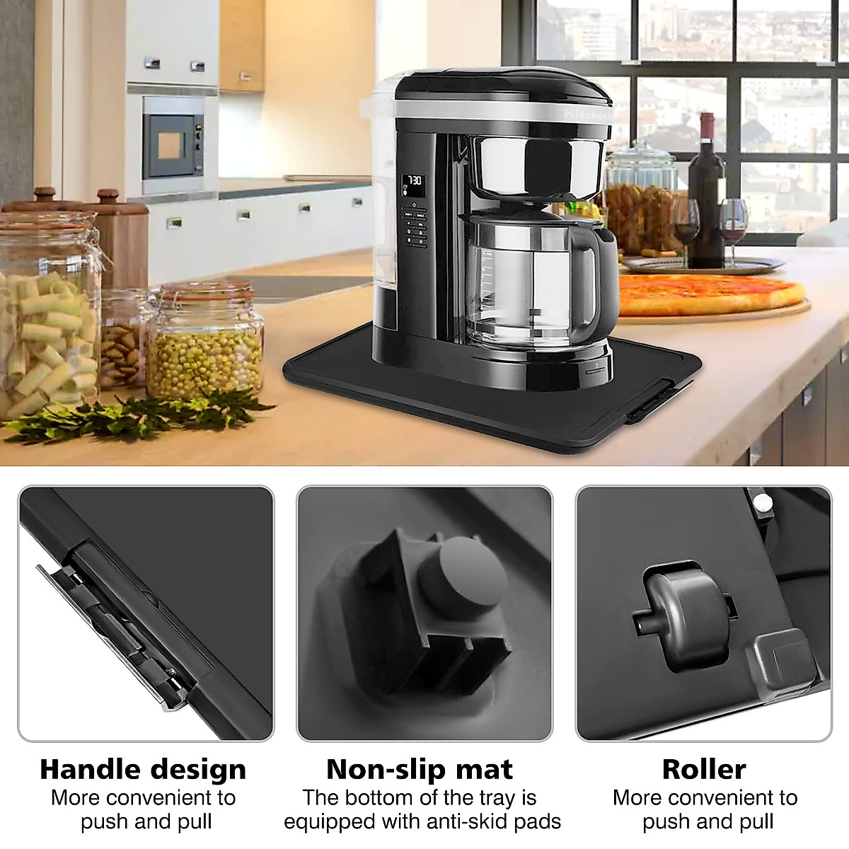 Appliance Caddy Sliding Tray with Smooth Rolling Wheels & Non-slip Pad, 16 Inch Pull Out Slider Tray for Coffee Maker, Blender, Air Fryer, Toaster, Aid Mixer, Kitchen Appliance