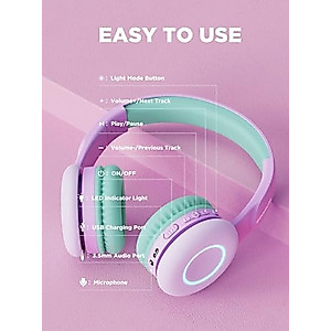 BIGGERFIVE Kids Wireless Bluetooth Headphones with 7 Colorful LED Lights, 50H Playtime, Microphone, 85dB/94dB Volume Limited, Foldable On Ear Kids Headphones for School/Girls/Fire Tablet, Purple