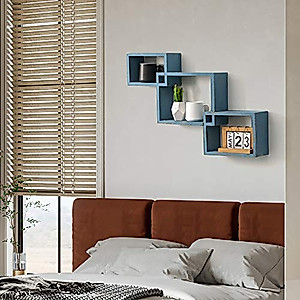 Coral Flower Rustic Wall Mounted Tier Square Shaped Floating Shelves – Set of 3 – Screws and Anchors Included - Farmhouse Wooden Shelves for Bedroom, Living Room and More, rustic blue