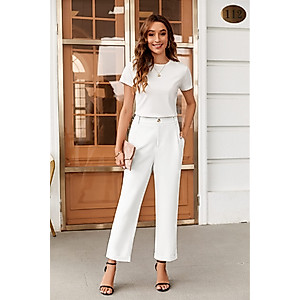 Febriajuce Women's High Elastic Waisted Dress Pants Button Down Pleated Work Pants Straight Leg Ankle Pants Office Trousers White