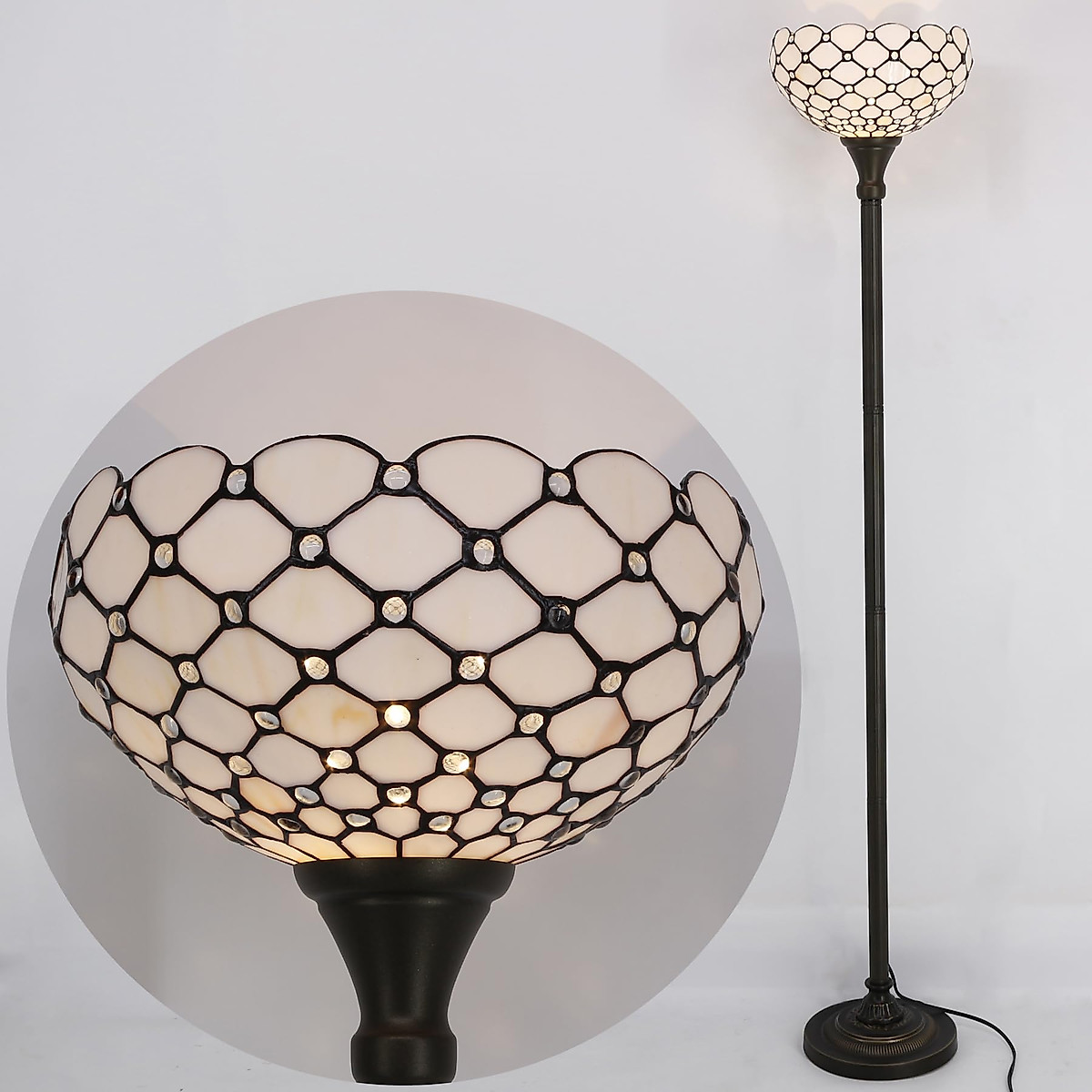 WERFACTORY Tiffany Floor Lamp Cream Amber Stained Glass Bead Light 12X12X66 Inches Pole Torchiere Standing Corner Torch Uplight Decor Bedroom Living Room Home Office (LED Bulb Included) S005 Series