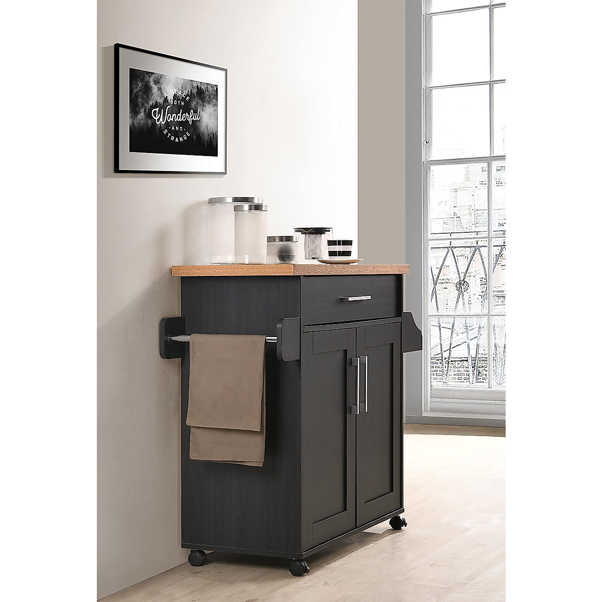 Hodedah Kitchen Island with Spice Rack, Towel Rack & Drawer, Black with Beech Top