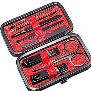 Manicure Kit Nail Clippers Set Stainless Steel Professional Pedicure Black 8 in 1 Grooming Nail Scissors Cutter Ear Pick Tweezers Scissors Eyebrow Nail file for Man&Women gift (black/red_8in1)