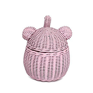 G6 COLLECTION Elephant Rattan Storage Basket With Lid Decorative Bin Home Decor Hand Woven Shelf Organizer Cute Handmade Handcrafted Nursery Gift Animal Decoration Wicker Elephant (Small, Pink)
