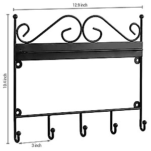 MyGift Wall Mounted Black Metal Wire Hanging Sunglasses Display Holder and Key Rack Organizer with 5 Hooks and Scrollwork Design