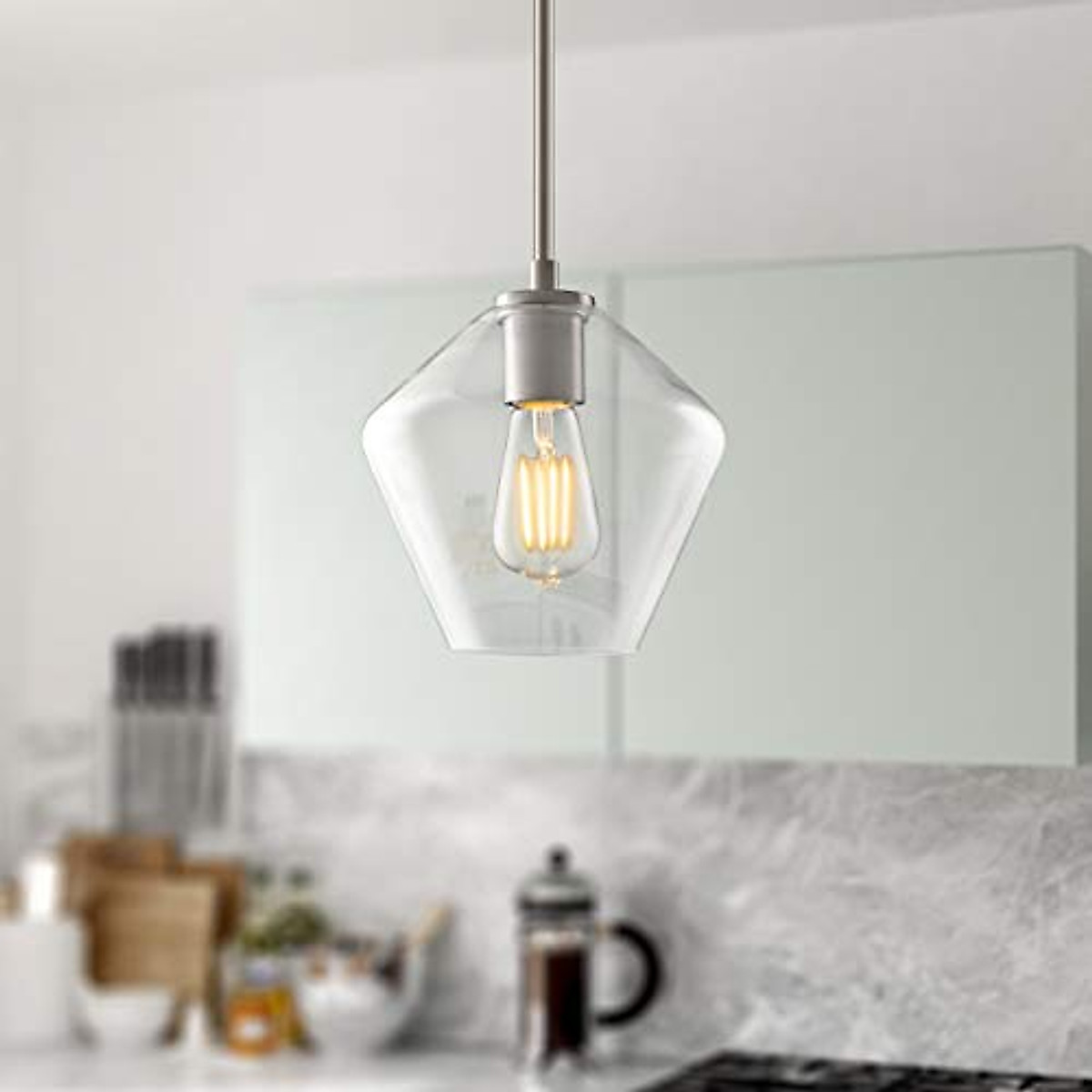 Linea di Liara Macaria Modern Glass Farmhouse Pendant Lighting for Kitchen Island and Over Sink Lighting Fixtures Brushed Nickel Pendant Light Hanging Ceiling Light Angled Clear Glass Shade, UL Listed